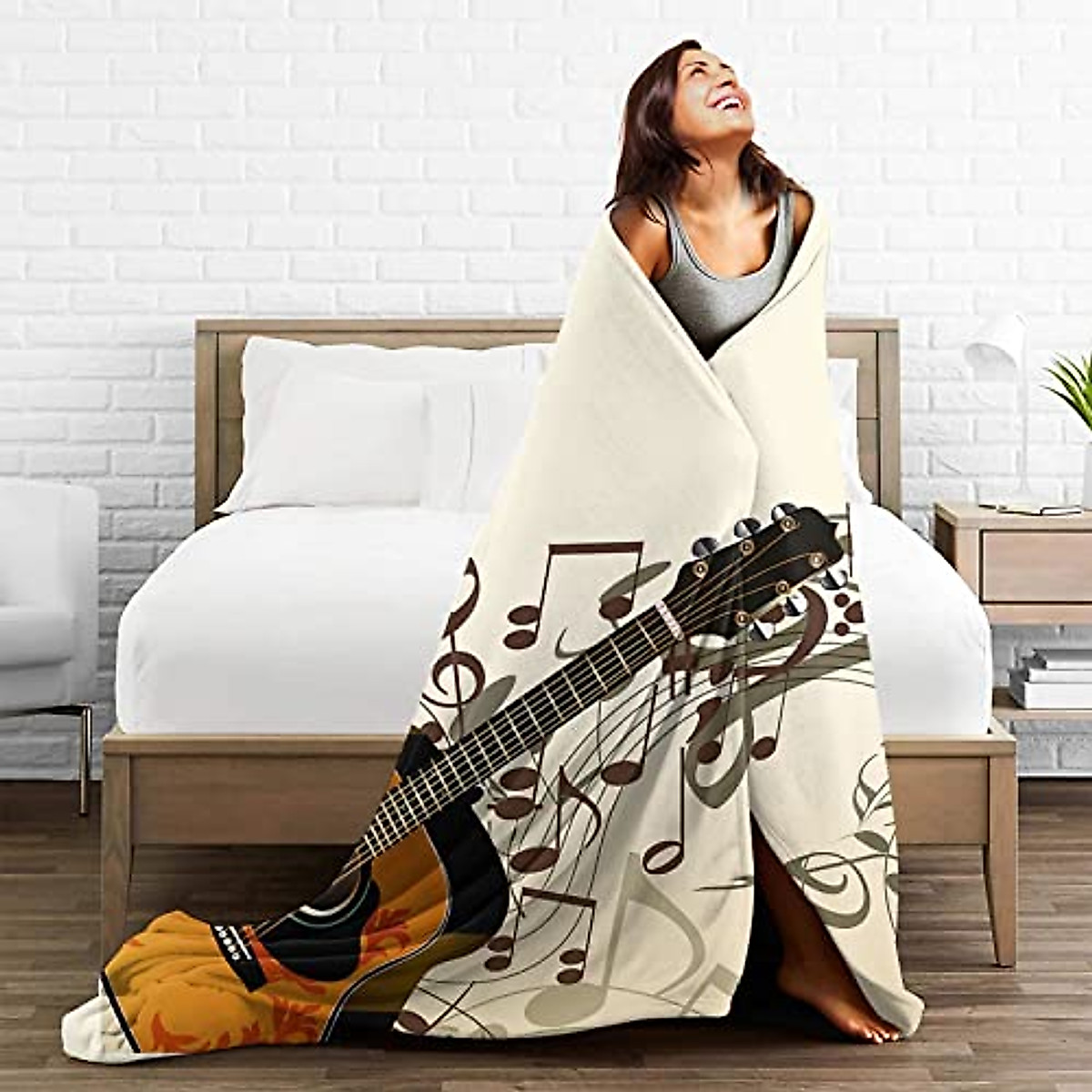 AuHomea Vintage Music Notes Guitar Throw Blanket Lightweight Flannel Fleece Blankets Warm and Cozy Throws for Winter Bedding and Couch 40"X50" Inches for Kids Adults