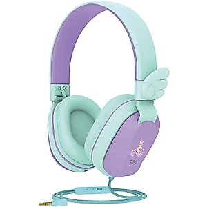Riwbox Kids Headphones Wired,CS6 Stereo Sound Foldable Headphones for Kids Over Ear Toddler Headphones with Mic and Volume Control Compatible for Smartphones, PC and Tablets (Purple&Green)