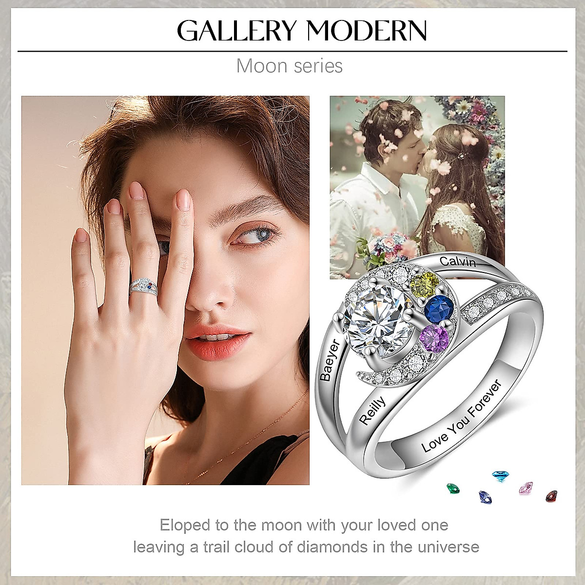 Moon Ring,Personalized Promise Ring for Her Engagement Ring with 2-4 Birthstones Names Engraved Rings for Women Mother's Days (4 names, 9)