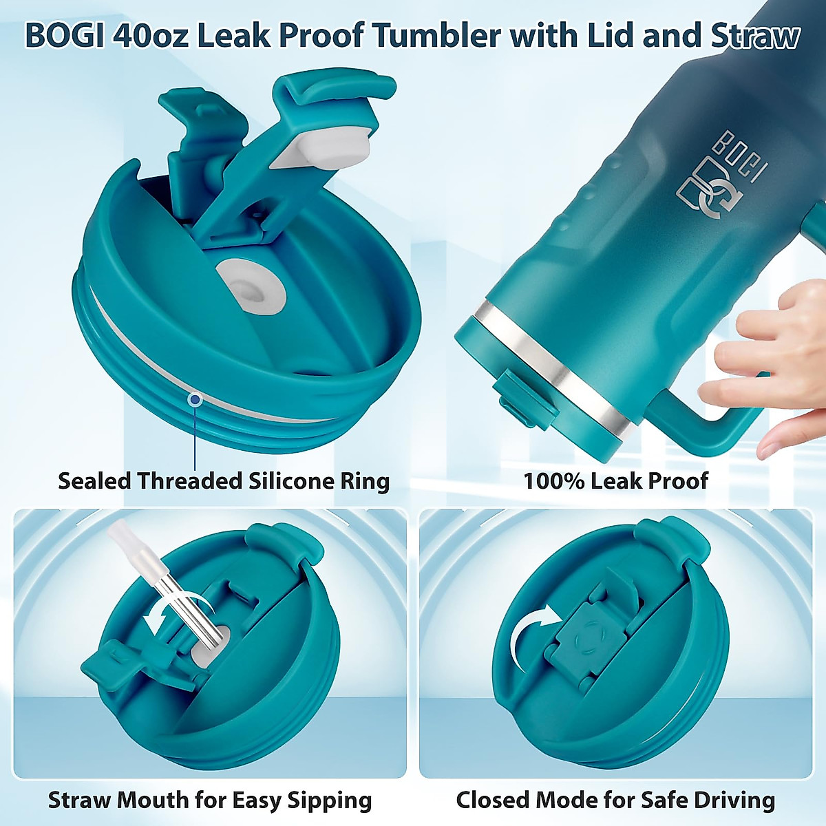 BOGI 40 oz Tumbler with Handle and Straw, 2 in 1 Lid Stainless Steel Tumbler with Lid and Straw Leak Proof Insulated Tumblers Reusable Travel Coffee Mug Cupholder-Friendly Travel Mug | Blue Dark Blue