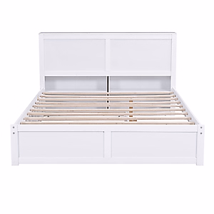 Queen Size Storage Bed with Trundle, Wood Platform Bed Frame with Storage Shelves Headboard and Twin Size Trundle Bed, Wooden Queen Beds for Kids Boys Girls Teens, White