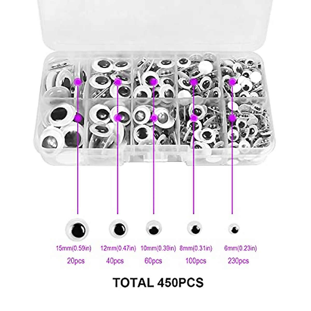 Googly Eyes for Crafts,450 Pcs Black Wiggle Googly Eyes with Self-Adhesive, 6mm 8mm 10 mm 12mm 15mm Mixed Packaging