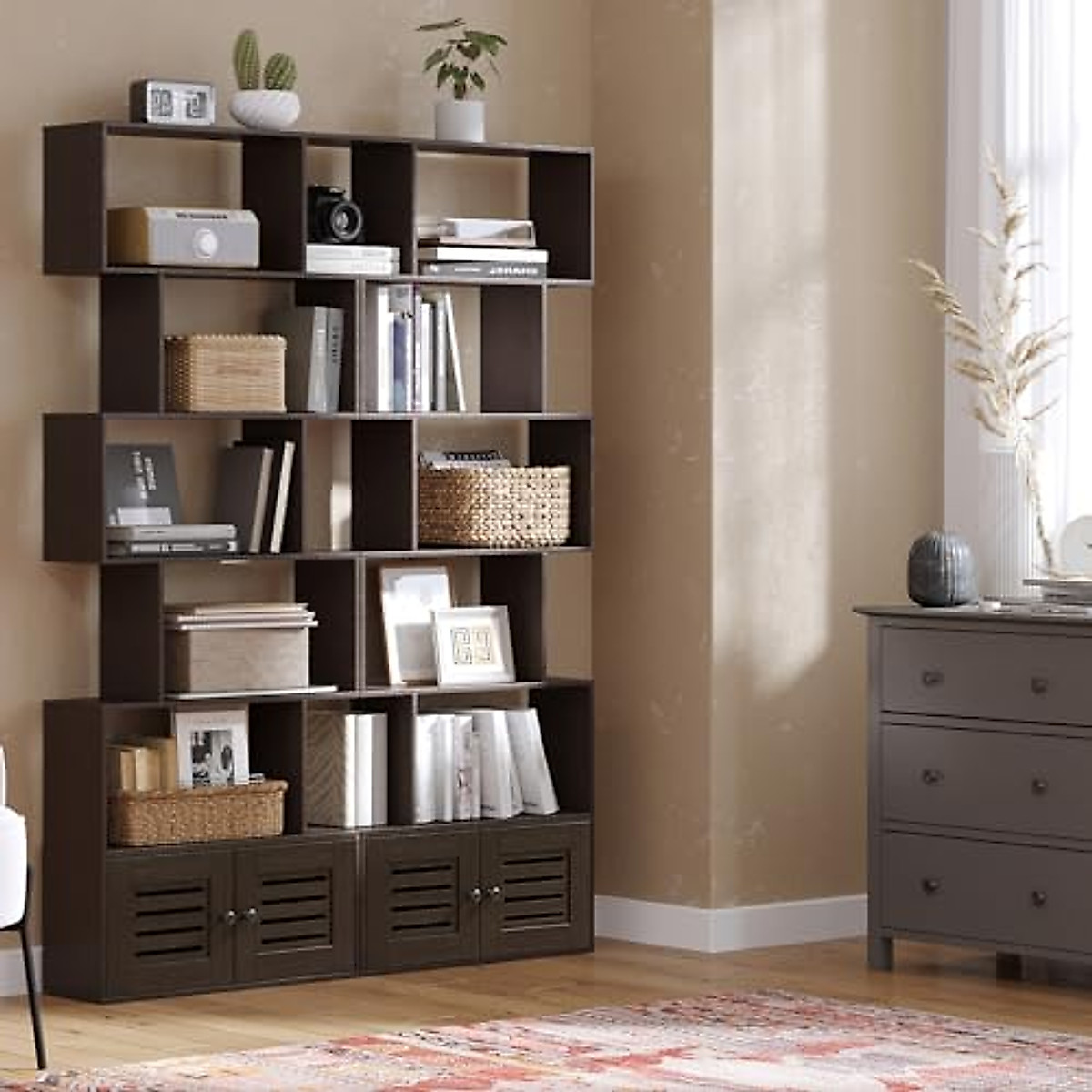 DINZI LVJ 6-Tier Bookshelf, S-Shaped Geometric Bookcase, Book Shelf with Cabinet, Display Shelf with Door, Freestanding Decorative Storage Shelving for Living Room, Home Office, Espresso