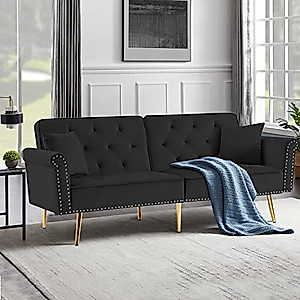 HUAYICUN Loveseat Convertible Sleeper Sofa, Modern Velvet Futon Sofa with 2 Pillows, Modern Armchair Accents Couch Metal Legs Lounge Chairs for Living Room