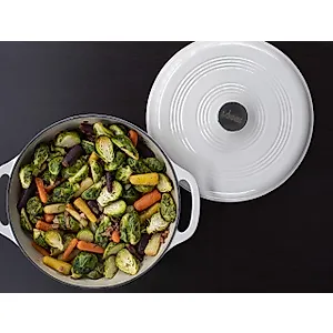 Lodge 6 Quart Enameled Cast Iron Dutch Oven with Lid – Dual Handles – Oven Safe up to 500° F or on Stovetop - Use to Marinate, Cook, Bake, Refrigerate and Serve – Oyster White