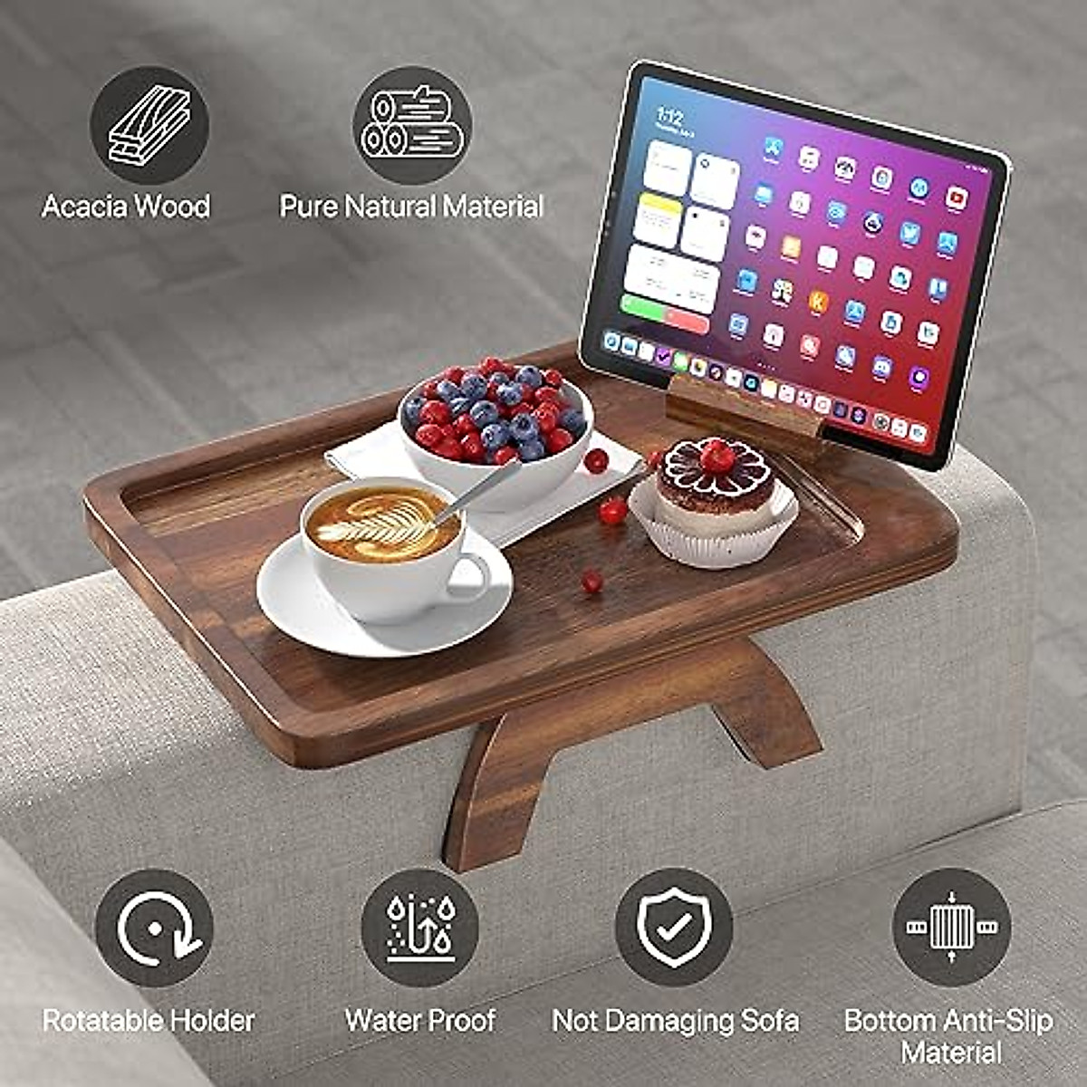 Acacia Wood Couch Arm Table, Sofa Arm Tray with 360° Rotating Holder, Sofa Arm Table for Couch, Couch Arm Tray, Sofa Armrest Tray, Ideal Gift for Eating and Drink