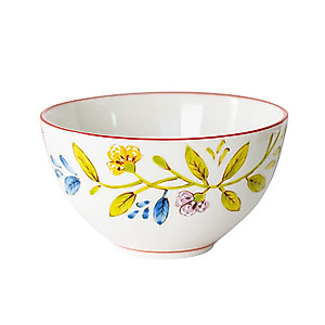 AwakingWaves Funny Hand Painted Flower Ceramic Pasta Bowls for Fruit, Salad, and Soup, Cute Candy Snack Porcelain Round Serving Striped Bowl for Kitchen, Vibrant Color Restaurant Party Decor (red)