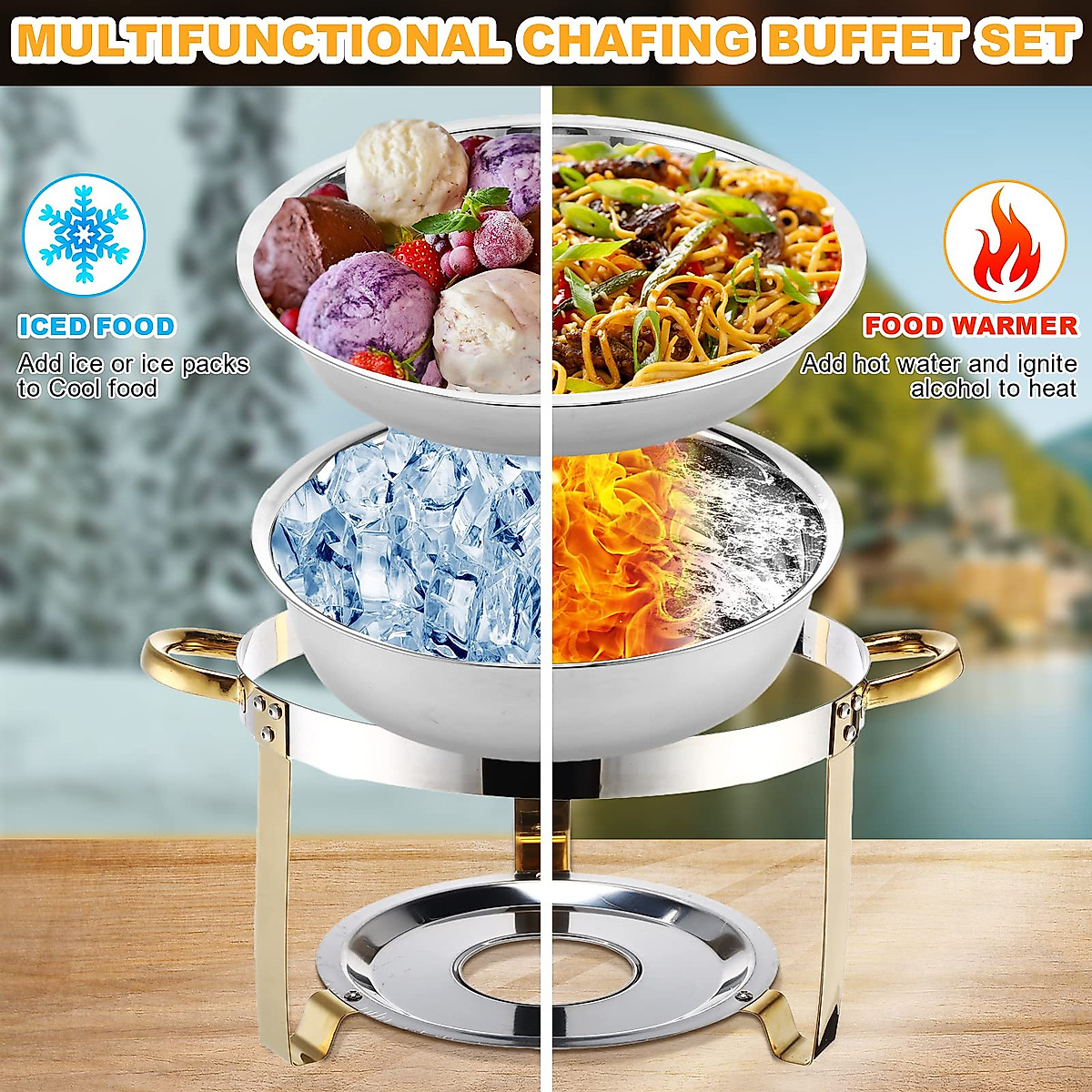 6 Pcs Chafing Dish Buffet Set with 6 Tongs, Stainless Steel Food Warmer Set, 3.7 Qt Round Buffet Server Catering Chafer Warmer with Lid for Birthday Wedding Parties, Catering, Banquets, Events