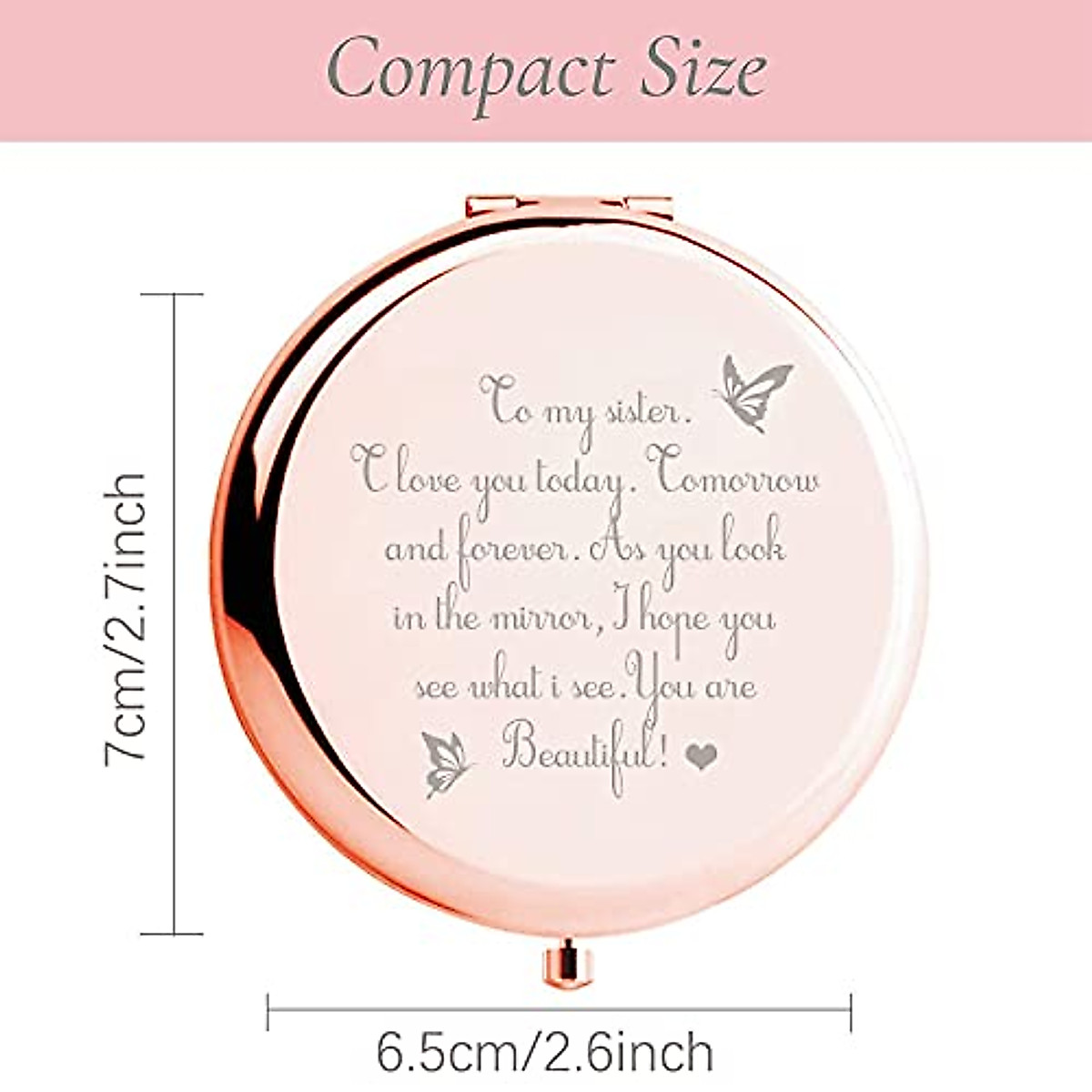 ZOORON Sister Gifts from Sister Brother, Sisters Birthday Gift Ideas, Rose Gold Compact Mirror with Treasured Message for Birthday, Christmas, Graduation and Special Celebration