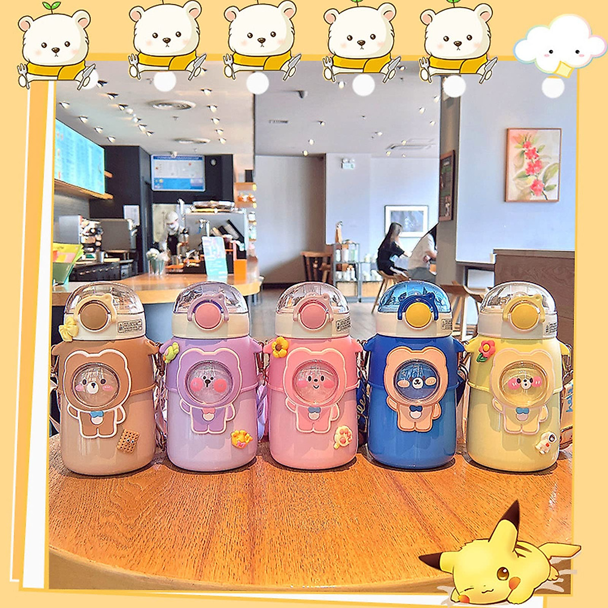 FEUSEUZ Kawaii Water Bottle Cute Little Bear Water Bottle with Shoulder Strap Stainless Steel Thermal and Cold Water Bottle (Coffee,600ml)