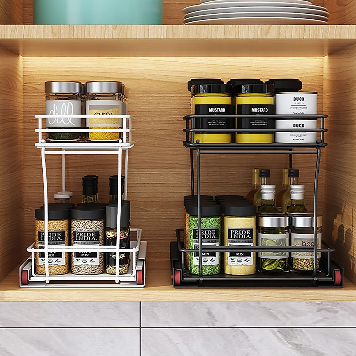 Pull Out Spice Rack Organizer for Cabinet,Under Sink Storage Organizer ,2 Tier Slide Out Storage Shelf for Kitchen Pantry Closet (L, Black)
