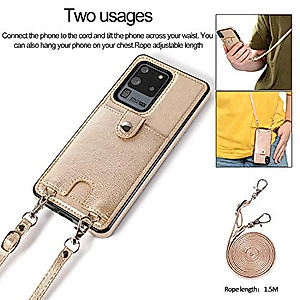Jaorty PU Leather Wallet Case for Samsung Galaxy S20 Ultra Necklace Crossbody Lanyard Case Cover with Card Holder Adjustable Detachable Anti-Lost Neck Strap Case for Samsung Galaxy S20 Ultra,6.9",Gold