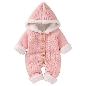 Camidy Baby Hooded Jumpsuit,Toddler Knitted Romper Cotton Long Sleeve One-Piece Coveralls