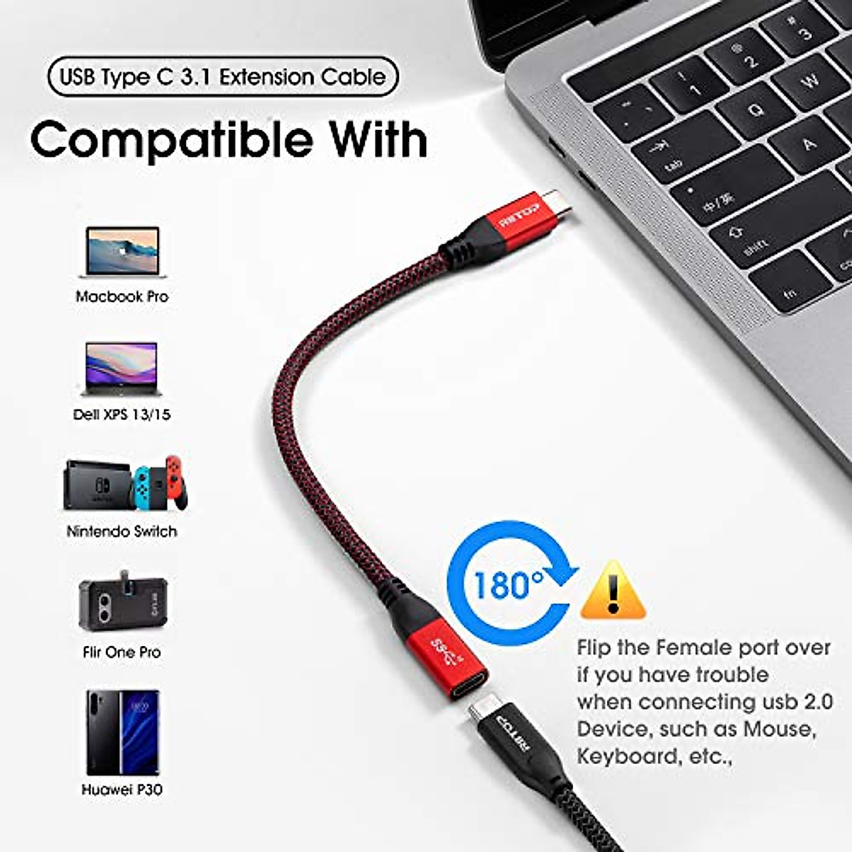 USB C Extension Cable Short, RIITOP USB-C Male to Female Extender Braided Cord for Nintendo Switch, MacBook Pro 7.8inch (Thunderbolt 3 Compatible)