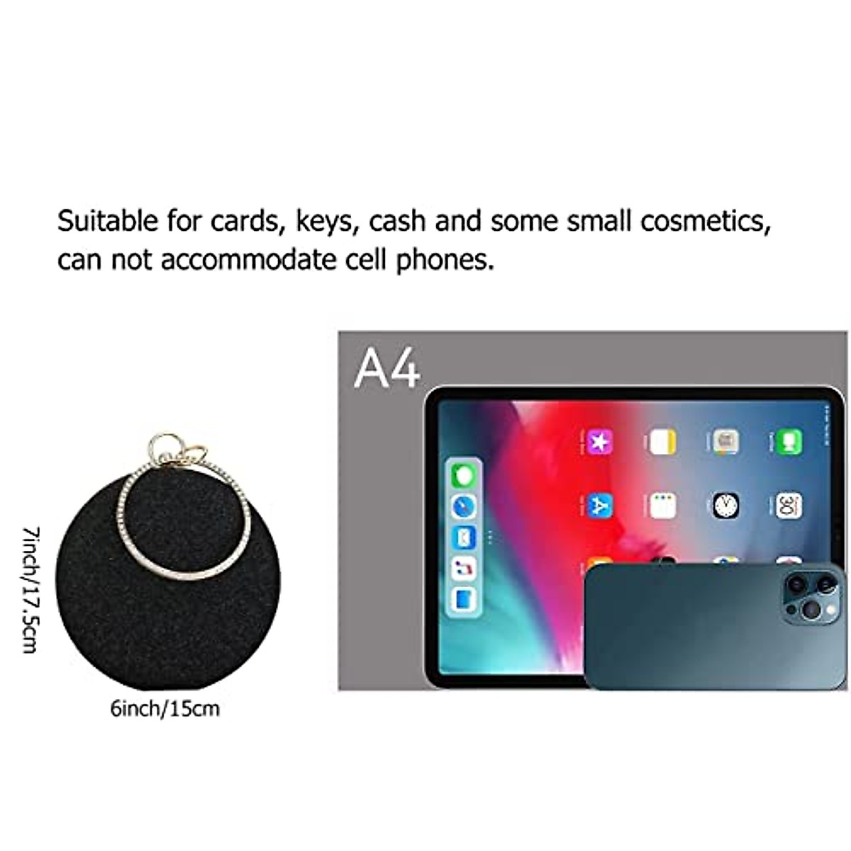 Women's Round Ball Clutch Rhinestone Ring Handle Designer Wristlets Handbag Purse Wedding Party Prom Evening Bag (Black)