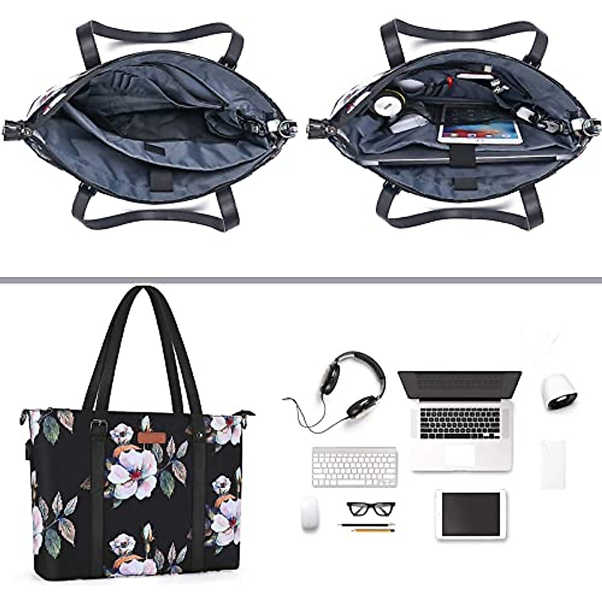 MOSISO USB Port Laptop Tote Bag (15-16 inch) with Adjustable Top Handle, Laptop Bag for Women, Hibiscus Polyester Work Travel