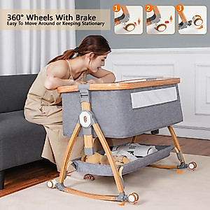 Komcot Baby Bassinet, Bedside Bassinet for Baby, 6 Height Adjustable Baby Bed, 3 in 1 Bassinet Bedside Sleeper with Wheels, Mosquito Net, Portable Bedside Crib for Infant/Baby/Newborn (Light Grey)