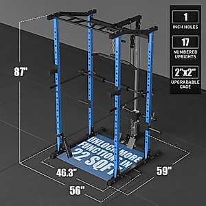 ER KANG Power Cage, Power Rack with LAT Pulldown, Multi-Functional Squat Rack, Squat Cage with More Training Attachments for Home Gym(Blue)