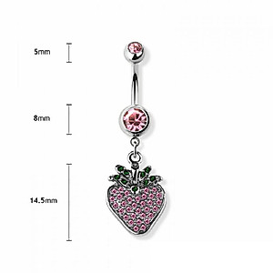Pierced Owl 14GA 316L Stainless Steel Pink CZ Crystal Strawberry Dangling Belly Button Ring (Gold Tone)