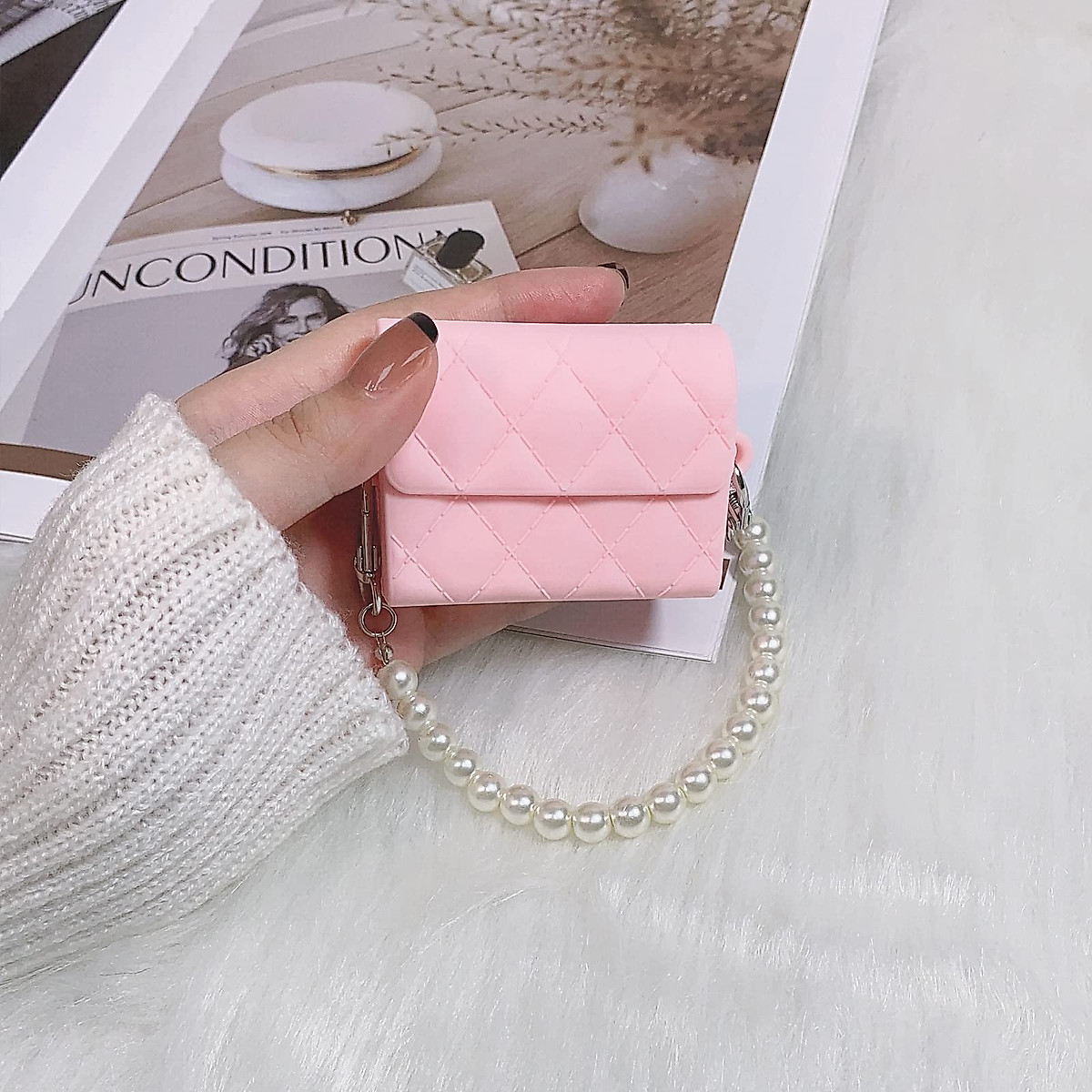 Lovmooful Compatible for AirPods Pro Case Cute Luxury Cartoon Lattice Bag Design with Pearl Chain for Women Girls Soft Silicone Shockproof Protective Cover Case for Airpods Pro-Pink