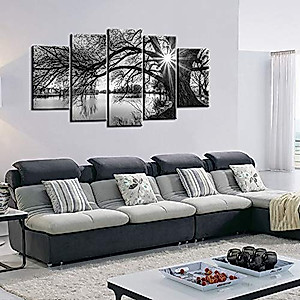sechars - 5 Pieces Wall Art Old Tree by Lake Picture Canvas Prints Sunrise Painting Black and White Landscape Canvas Art Modern Wall Decoration Framed and Ready to Hang