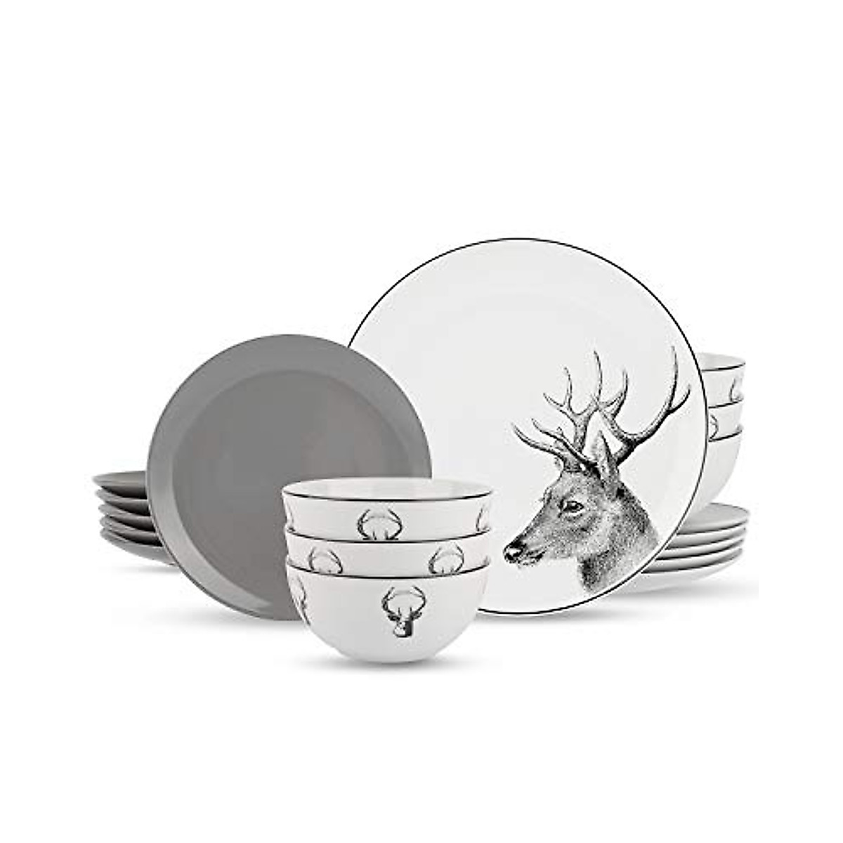 Kitchen Plates and Bowls Sets for 6, 18 Piece Dinnerware Sets, Dish Set with Deer Theme, Microwave Safe Plates and Bowls, Chip Resistant Dinnerware, Dishwasher Safe