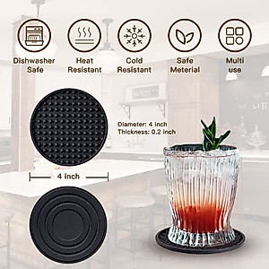 Silicone Coasters for Drinks with Holder, Drink Coasters with Grooved Pattern, Non-Slip Base, Washable and Heat Resistant Coffee Coasters for Table/ Kitchen/Office/Bar (Pyramid Pattern-Black)