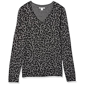 Amazon Essentials Women's Classic-Fit Lightweight Long-Sleeve V-Neck Sweater (Available in Plus Size), Grey Heather Leopard Print, Large