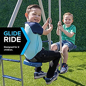 Sportspower Super Lights Metal Swing Set with LED Swing Seats, 2 Person Glider and 5ft Slide, 500lb Capacity, Light Grey and Blue