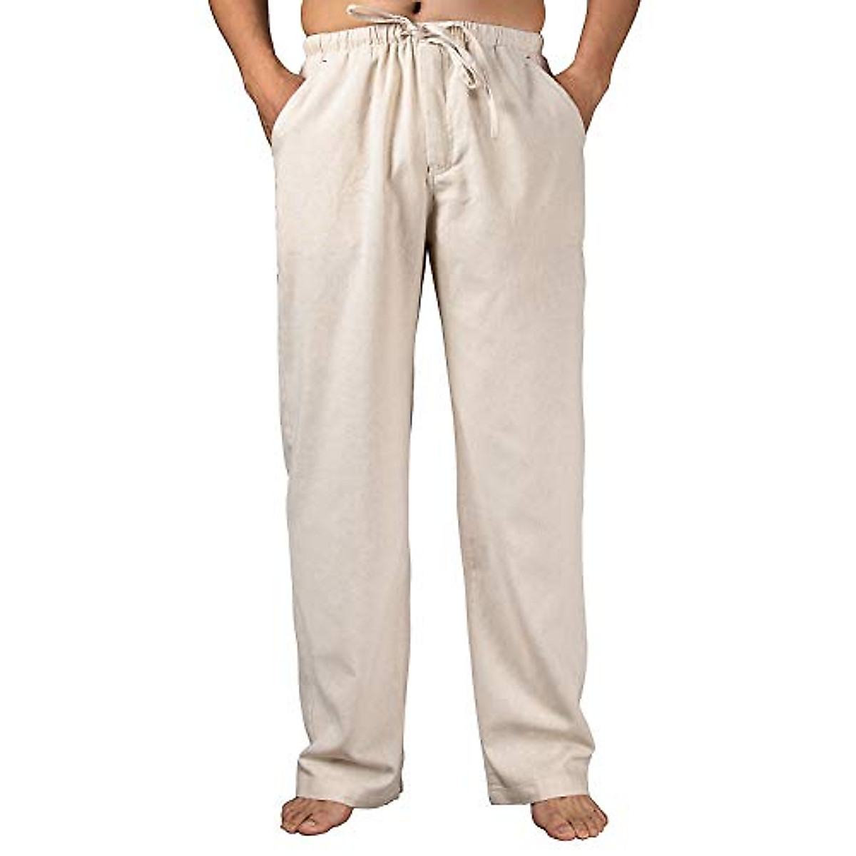 Lisskolo Men's Linen Pants Loose Lightweight Drawstring Elastic Waist Cotton Beach Trousers Khaki Medium