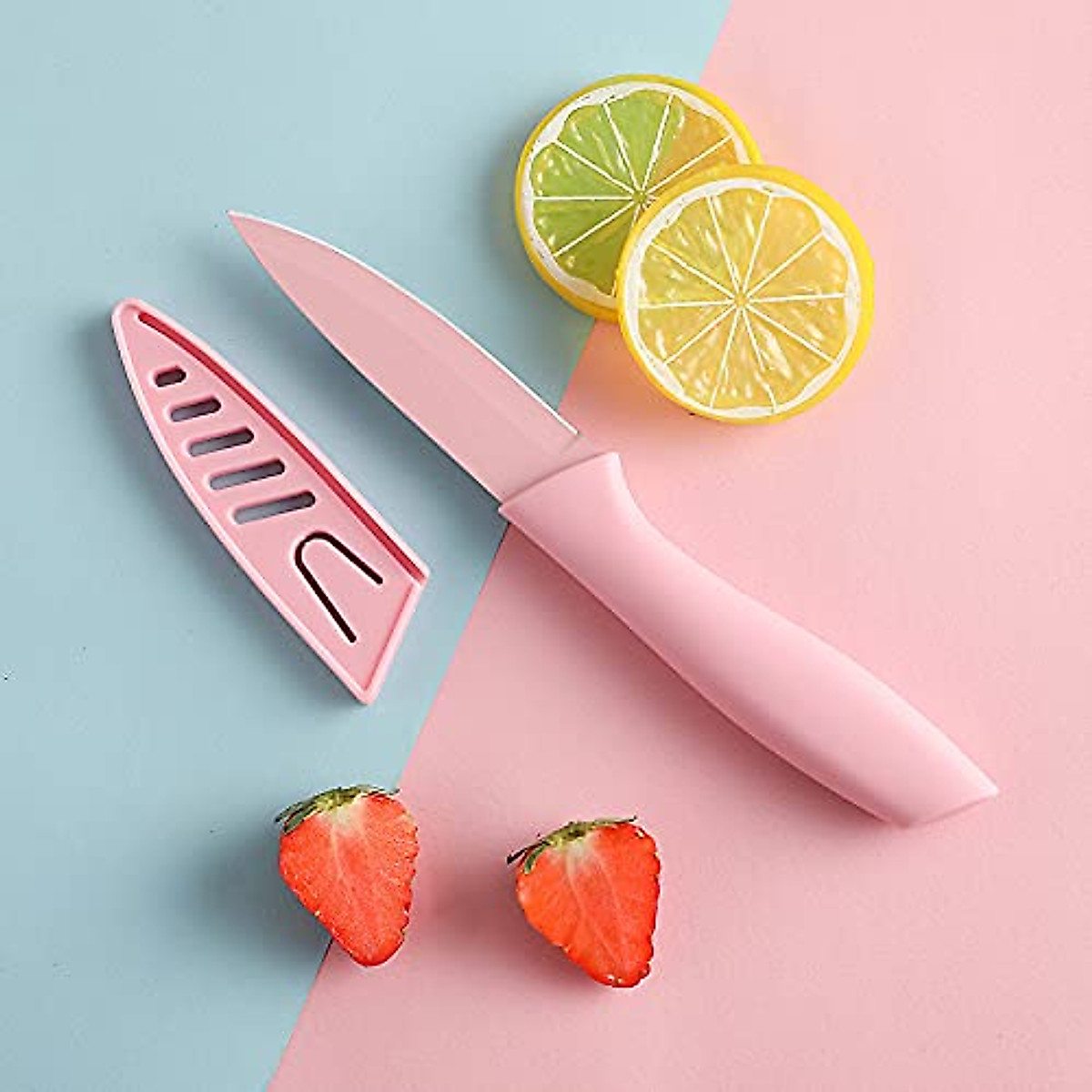 2 pcs Kitchen Knife Set 3.5” Paring Knife with Sheath + Peeler Non Stick stainless steel blade Pink Combo (2 Pink Knives)