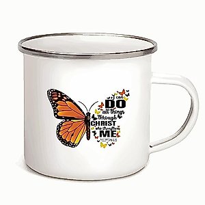 Philippians 413 Butterfly Christ Bible Verse Gift Idea 12oz Enamel Silver Mug