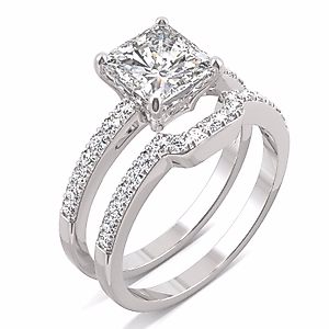 Charles & Colvard Created Moissanite 7mm Square Cut Bridal Ring Set for Women | 2.6 cttw DEW | Lab Grown | Solid 14K White Gold with Rhodium | Size 6.5