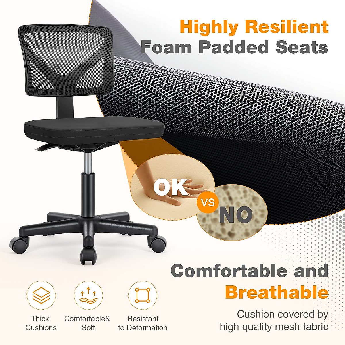 Sweetcrispy Armless Desk Chair - Small Home Office Chair with Wheels, Mesh Low Back Task Chair with Lumbar Support and Wheels, Adjustable Height 360° Rolling Swivel Computer Chair Without Arm