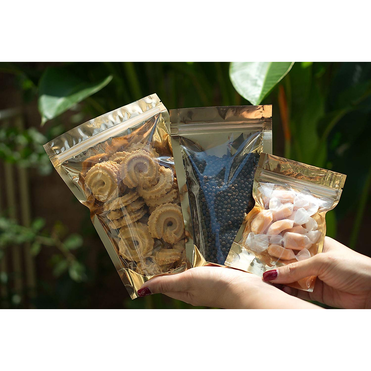 Casavani 100 Pieces Resealable Mylar Zip Lock Food Storage Bags with Clear Window Smell Proof Aluminum Foil Pouch in 3 Sizes - Small, Medium and Large Gold 4x6 inches, 5x6 inches, 6x8.5 inches