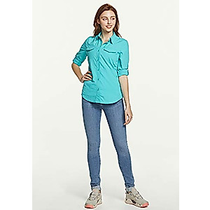 CQR Women's UPF 50+ Long Sleeve Hiking Shirts, Quick Dry Outdoor UV/Sun Protection Button Down Shirts, Dry Fit Fishing Shirts Teal, Large
