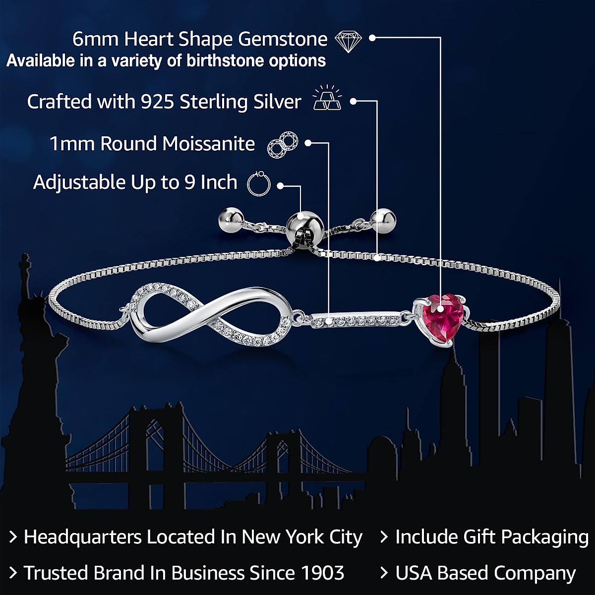 Gem Stone King 925 Sterling Silver Heart Shape 6MM Gemstone Birthstone and White Moissanite Infinity Tennis Bracelet For Women Fully Adjustable Up to 9 Inch