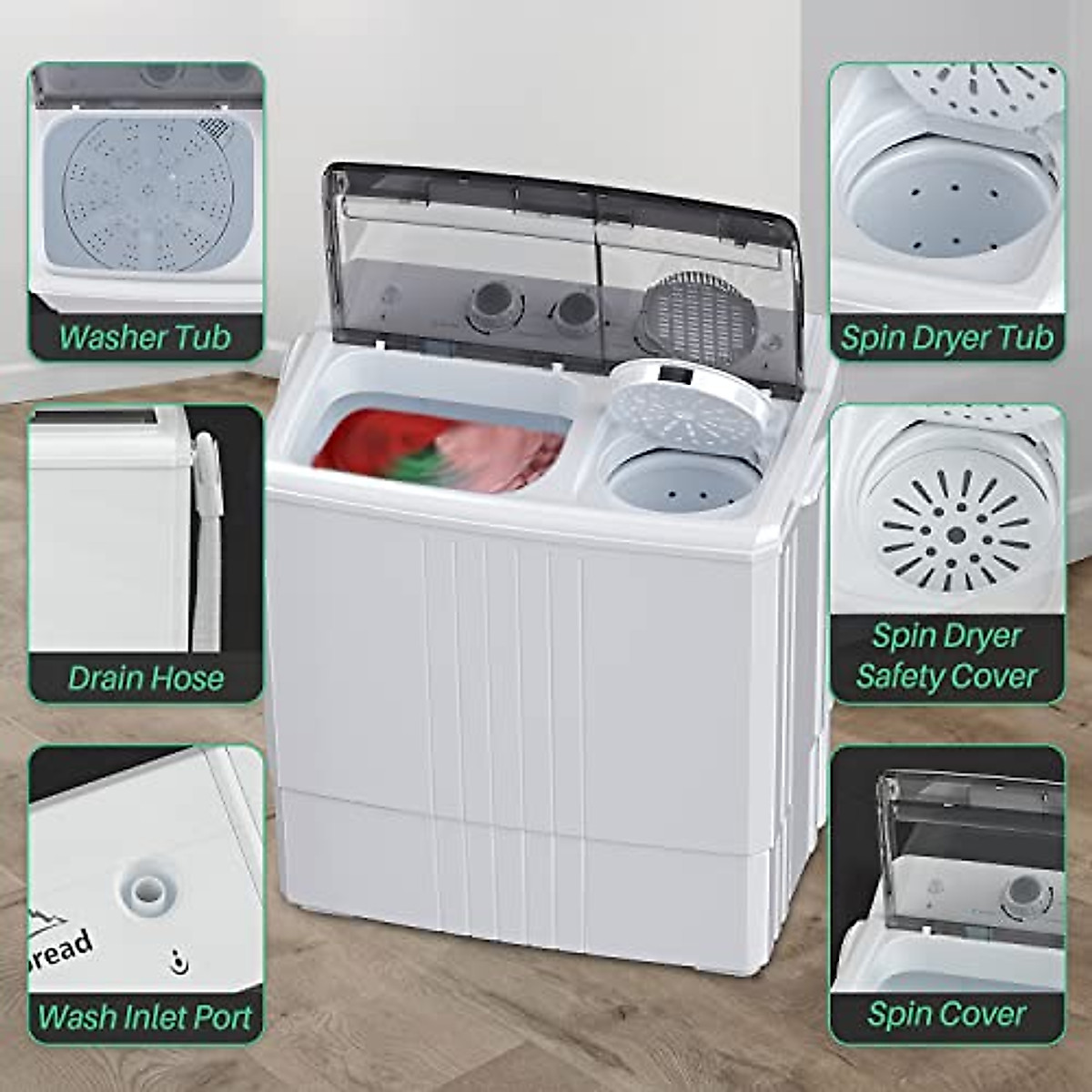 TOREAD Compact Twin Tub Portable Washing Machine 21lbs Capacity, Mini Washer(14.4lbs)&Spiner(6.6lbs), Built-in Drain Pump, Semi-Automatic