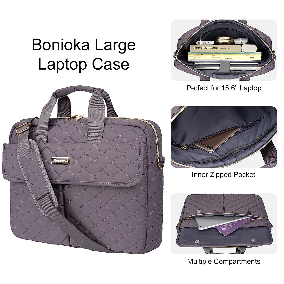 Bonioka Laptop Bag Computer Laptop Case for Women, 15.6 Inch Briefcase Shoulder Bag Water Resistant for Work School Travel Purple