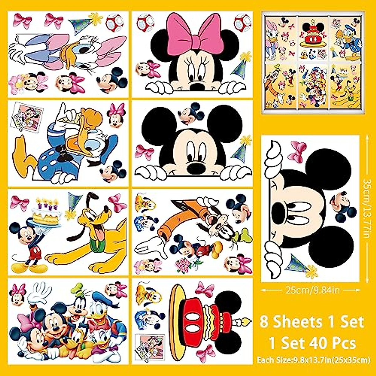 Gzkkkkx Cartoon Window Clings Decals,Party Removable Stickers for Glass Windows,Birthday Party Supplies Holiday Home Decorations (Mickey(8Sheets）), ZE073