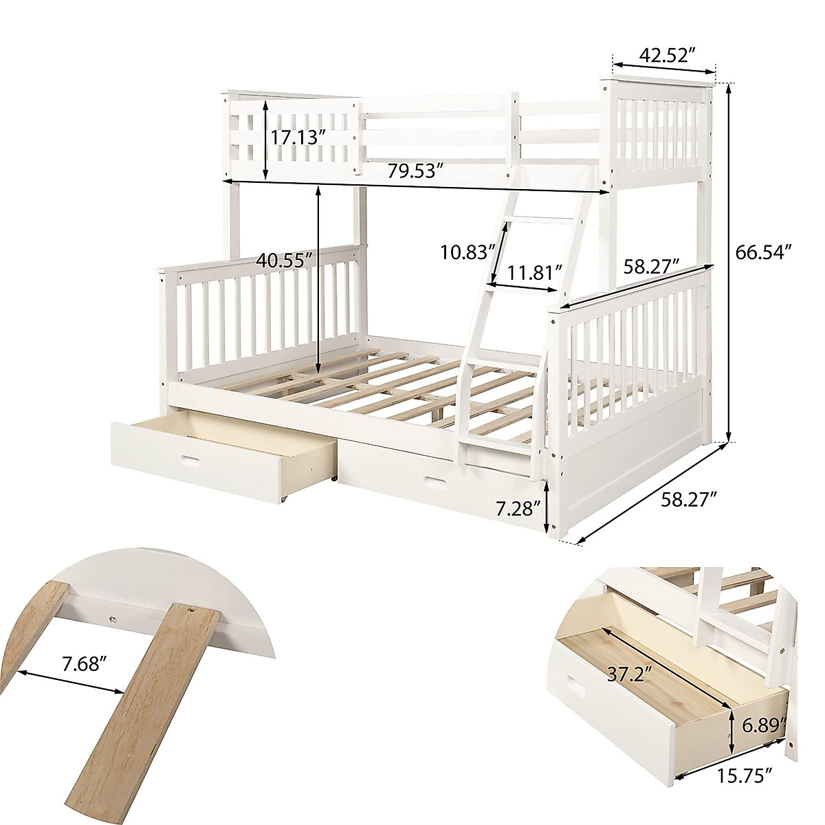 Harper&Bright Designs Twin-Over-Full Bunk Bed with Ladders and Two Storage Drawers,Space-Saving Design,White