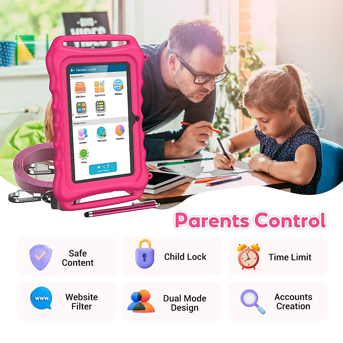 Tablet for Kids,7 inch Tablet for Toddlers 3GB RAM 32GB ROM, Android 12.0 Kids Tablet with Dual Camera, WiFi, Bluetooth, Parental Control, Shockproof Case, YouTube, Netflix,Toddler Tablet for Children