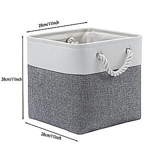 MidmmVick 11 x 11 Inch Cube Storage Bins, 6 Pack Large Collapsible Fabric Storage Bin with Ropes, Foldable Storage Cubes for Home, Office,Closet, Clothes, Toys Organizer (White & Grey)
