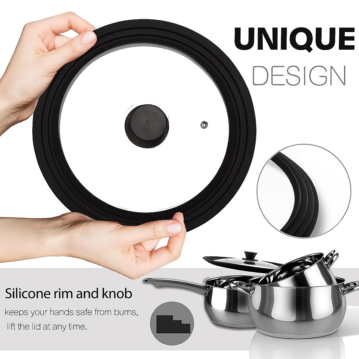 Lerykin Tempered Glass Lid - Universal Lid with Heat Resistant Silicone Rim for Pots, Pans and Skillets - Pan Cover Replacement Lid Fits 9.5", 10" and 11" Diameter Cookware