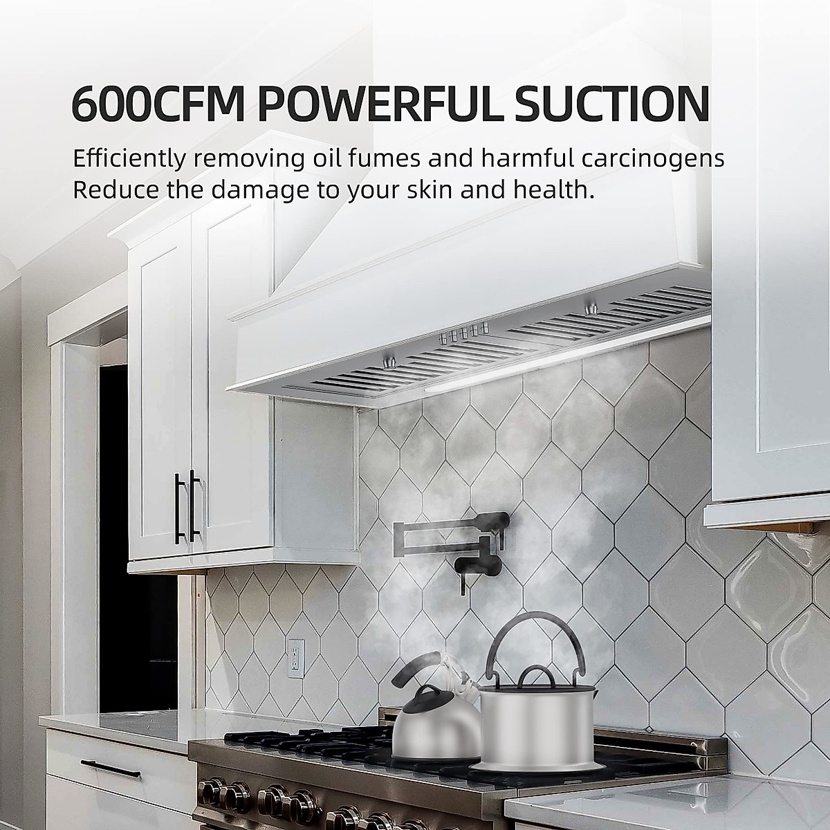 FIREGAS Range Hood Insert 30 inch, 600 CFM Ducted/Ductless Convertible Kitchen Hood with LED Light, Built-in Vent Hood with 3 Speed Exhaust Fan, Baffle Filters, Stove Hood with Carbon Filters