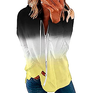 Women's Casual Zipper Hoodie V Neck Long Sleeve Loose Soft Tops Gradient Print Tunic Blouse Coat with Split Yellow