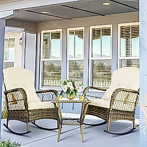 SENSWEET Outdoor Wicker Rocking Chairs Set of 2, Rattan Patio Rocking Chairs, All-Weather Rocking Lawn Wicker Furniture for Porch Deck Garden Backyard (Brown)
