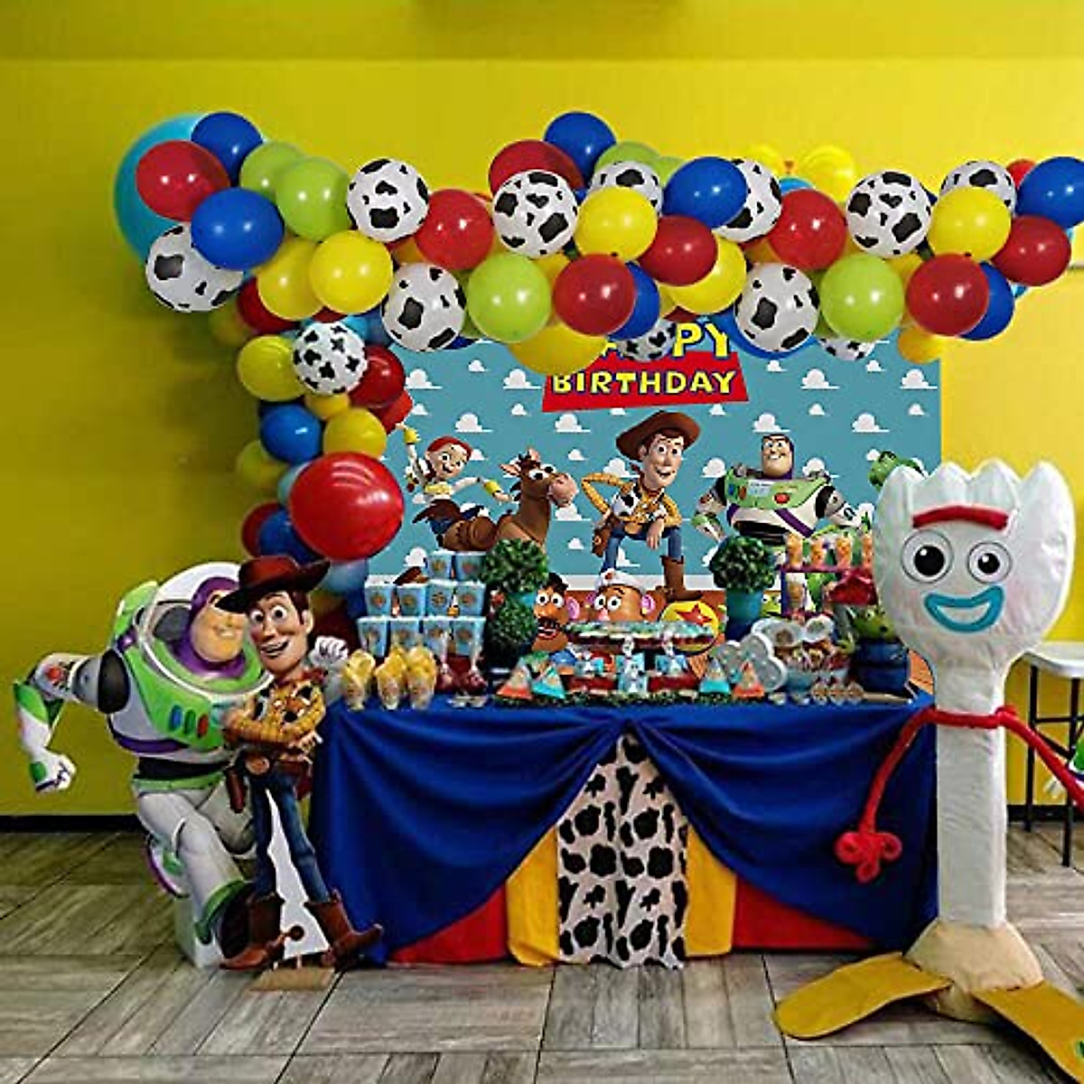 Cartoon Birthday Photography Backdrop Blue Sky White Clouds Birthday Cake Table Decoration Backdrop Kids Cartoon Story Theme Party Backdrop Baby Shower Decoration Supplies 5x3ft, Multicolor, 1.5X0.9M