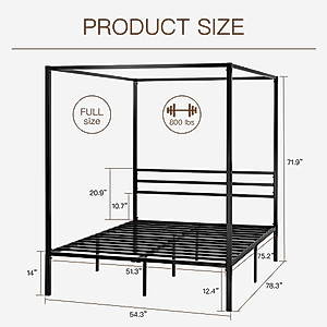 ikalido Full Size Metal Canopy Bed Frame, Modern Four-Poster Platform Bed Frame, Mattress Foundation, Under-Bed Storage Space, No Box Spring Needed, Black