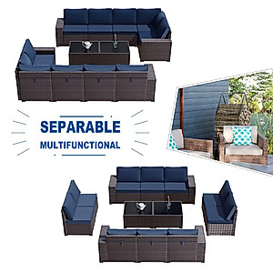 Kullavik 12PCS Outdoor Patio Furniture Set PE Wicker Rattan Sectional Sofa Patio Conversation Sets,Navy Blue